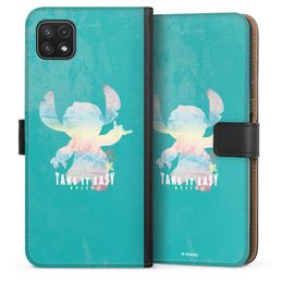DeinDesign Galaxy A22 5G Handy Klapph&uuml;lle Handyh&uuml;lle aus Kunst Leder schwarz Flip Case Lilo & Stitch Official Licensed Product Disney Sideflip mit langer Lasche