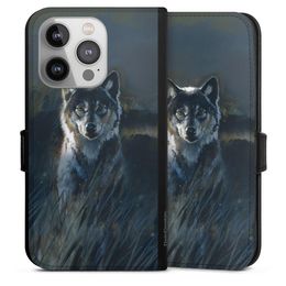 DeinDesign iPhone 14 Pro Handy Klapph&uuml;lle Handyh&uuml;lle aus Kunst Leder schwarz Flip Case Wolf Painting Nature Sideflip mit langer Lasche