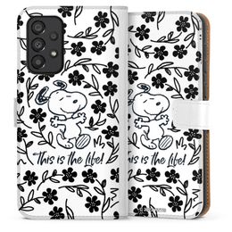 DeinDesign Galaxy A33 5G Handy Klapph&uuml;lle Handyh&uuml;lle aus Kunst Leder wei&szlig; Flip Case Flowers Peanuts Snoopy Sideflip mit Lasche