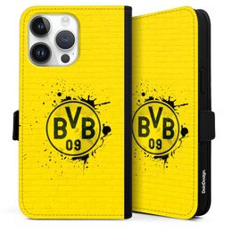 DeinDesign iPhone 14 Pro Max Handy Klapph&uuml;lle Handyh&uuml;lle aus Kunst Leder schwarz Flip Case Official Licensed Product Bvb Borussia Dortmund Sideflip mit Lasche
