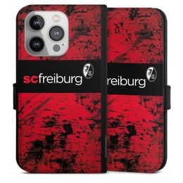 DeinDesign iPhone 14 Pro Handy Klapph&uuml;lle Handyh&uuml;lle aus Kunst Leder schwarz Flip Case Official Licensed Product Sc Freiburg Logo Sideflip mit langer Lasche