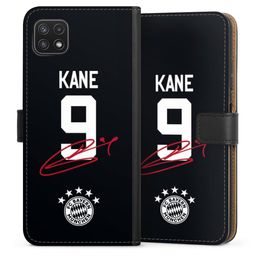 DeinDesign Galaxy A22 5G Handy Klapph&uuml;lle Handyh&uuml;lle aus Kunst Leder schwarz Flip Case Fc Bayern M&uuml;nchen Harry Kane Jersey Sideflip mit langer Lasche