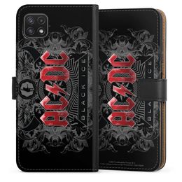 DeinDesign Galaxy A22 5G Handy Klapph&uuml;lle Handyh&uuml;lle aus Kunst Leder schwarz Flip Case Merchandise Black Ice Acdc Sideflip mit langer Lasche