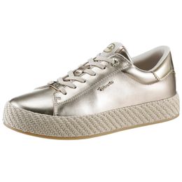 Plateausneaker Tamaris, Damen, Gr. 38, gold (goldfarben), Lederimitat, glänzend, unifarben, Schuhe, Freizeitschuh, Halbschuh, Schnürschuh mit Textilkordel am Plateau