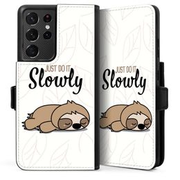 DeinDesign Galaxy S21 Ultra 5G Handy Klapph&uuml;lle Handyh&uuml;lle aus Kunst Leder schwarz Flip Case Animals Sloth Lazy Sunday Sideflip mit Lasche