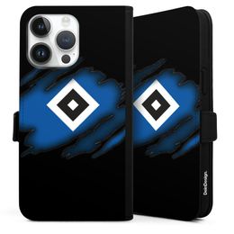 DeinDesign iPhone 14 Pro Max Handy Klapph&uuml;lle Handyh&uuml;lle aus Kunst Leder schwarz Flip Case Official Licensed Product Hsv Hamburger Sv Sideflip mit Lasche