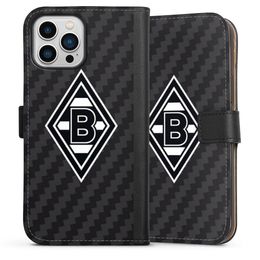 DeinDesign iPhone 13 Pro Max Handy Klapph&uuml;lle Handyh&uuml;lle aus Kunst Leder schwarz Flip Case Borussia M&ouml;nchengladbach Carbon Gladbach Sideflip mit langer Lasche
