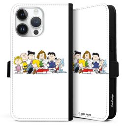 DeinDesign iPhone 14 Pro Max Handy Klapph&uuml;lle Handyh&uuml;lle aus Kunst Leder schwarz Flip Case Peanuts Kindheit Merchandise Sideflip mit Lasche