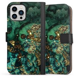 DeinDesign iPhone 13 Pro Max Handy Klapph&uuml;lle Handyh&uuml;lle aus Kunst Leder schwarz Flip Case Muster Glitzer Marble Sideflip mit langer Lasche