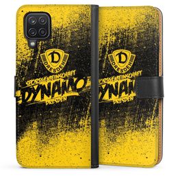 DeinDesign Galaxy A12 Handy Klapph&uuml;lle Handyh&uuml;lle aus Kunst Leder schwarz Flip Case Official Licensed Product Sg Dynamo Dresden Logo Sideflip mit langer Lasche