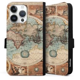 DeinDesign iPhone 14 Pro Max Handy Klapph&uuml;lle Handyh&uuml;lle aus Kunst Leder schwarz Flip Case Vintage Map World Map Sideflip mit Lasche