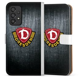 DeinDesign Galaxy A33 5G Handy Klapph&uuml;lle Handyh&uuml;lle aus Kunst Leder wei&szlig; Flip Case Sg Dynamo Dresden Official Licensed Product Sgd Sideflip mit Lasche