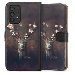 DeinDesign Galaxy A33 5G Handy Klapph&uuml;lle Handyh&uuml;lle aus Kunst Leder schwarz Flip Case Rehe Reindeer Flowers Sideflip mit langer Lasche