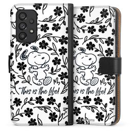 DeinDesign Galaxy A53 5G Handy Klapph&uuml;lle Handyh&uuml;lle aus Kunst Leder schwarz Flip Case Flowers Peanuts Snoopy Sideflip mit langer Lasche