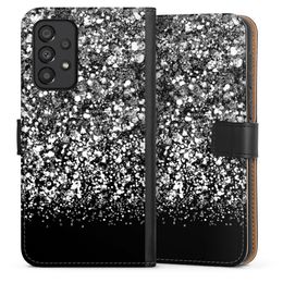 DeinDesign Galaxy A33 5G Handy Klapph&uuml;lle Handyh&uuml;lle aus Kunst Leder schwarz Flip Case Glitzer Snowflake Muster Sideflip mit langer Lasche