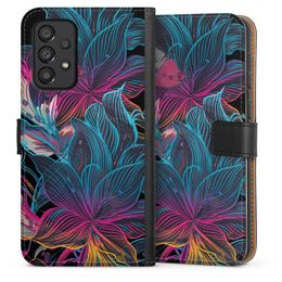 DeinDesign Galaxy A33 5G Handy Klapph&uuml;lle Handyh&uuml;lle aus Kunst Leder schwarz Flip Case Colourful Neon Flowers Sideflip mit langer Lasche