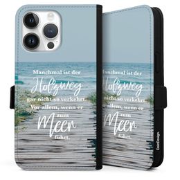 DeinDesign iPhone 14 Pro Max Handy Klapph&uuml;lle Handyh&uuml;lle aus Kunst Leder schwarz Flip Case Spruch Beach Statement Sideflip mit Lasche
