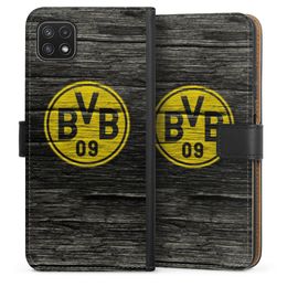 DeinDesign Galaxy A22 5G Handy Klapph&uuml;lle Handyh&uuml;lle aus Kunst Leder schwarz Flip Case Wooden Look Bvb Borussia Dortmund Sideflip mit langer Lasche