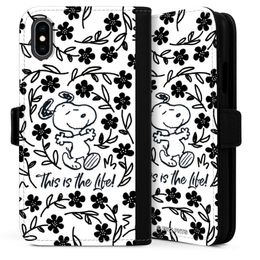 DeinDesign iPhone Xs Handy Klapph&uuml;lle Handyh&uuml;lle aus Kunst Leder schwarz Flip Case Peanuts Flowers Snoopy Sideflip mit langer Lasche