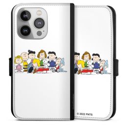 DeinDesign iPhone 14 Pro Handy Klapph&uuml;lle Handyh&uuml;lle aus Kunst Leder schwarz Flip Case Peanuts Kindheit Merchandise Sideflip mit langer Lasche
