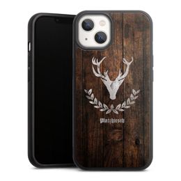 DeinDesign iPhone 13 Handy Gallery Case Handyh&uuml;lle 9H Geh&auml;rtetes Glas R&uuml;ckseite H&uuml;lle Wooden Look Deer Wood Gallery Case