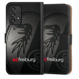 DeinDesign Galaxy A33 5G Handy Klapph&uuml;lle Handyh&uuml;lle aus Kunst Leder schwarz Flip Case Sc Freiburg Official Licensed Product Metallic Look Sideflip mit langer 