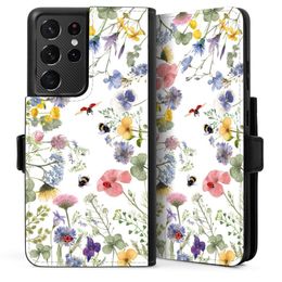 DeinDesign Galaxy S21 Ultra 5G Handy Klapph&uuml;lle Handyh&uuml;lle aus Kunst Leder schwarz Flip Case Flowers Bee Muster Sideflip mit Lasche