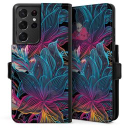 DeinDesign Galaxy S21 Ultra 5G Handy Klapph&uuml;lle Handyh&uuml;lle aus Kunst Leder schwarz Flip Case Colourful Flowers Neon Sideflip mit Lasche