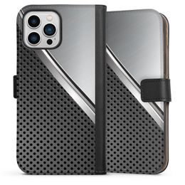 DeinDesign iPhone 13 Pro Max Handy Klapph&uuml;lle Handyh&uuml;lle aus Kunst Leder schwarz Flip Case Steel Metall Carbon Sideflip mit langer Lasche