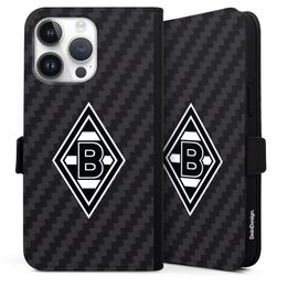 DeinDesign iPhone 14 Pro Max Handy Klapph&uuml;lle Handyh&uuml;lle aus Kunst Leder schwarz Flip Case Borussia M&ouml;nchengladbach Carbon Gladbach Sideflip mit Lasche
