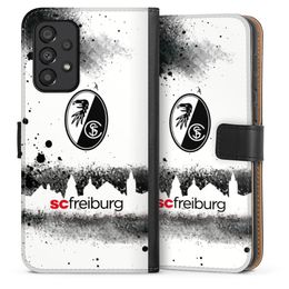 DeinDesign Galaxy A33 5G Handy Klapph&uuml;lle Handyh&uuml;lle aus Kunst Leder schwarz Flip Case Logo Sc Freiburg Skyline Sideflip mit langer Lasche