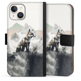 DeinDesign iPhone 14 Handy Klapph&uuml;lle Handyh&uuml;lle aus Kunst Leder schwarz Flip Case Nature Mountain Fox Sideflip mit Lasche
