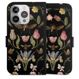 DeinDesign iPhone 14 Pro Handy Klapph&uuml;lle Handyh&uuml;lle aus Kunst Leder schwarz Flip Case Flower Wreath Bee Blossom Sideflip mit langer Lasche