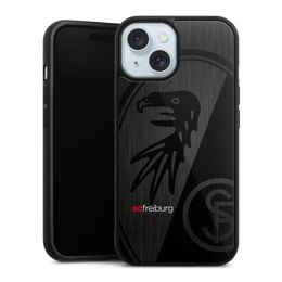 DeinDesign iPhone 15 Handy Gallery Case Handyh&uuml;lle 9H Geh&auml;rtetes Glas R&uuml;ckseite H&uuml;lle Sc Freiburg Metallic Look Official Licensed Product Gallery Case