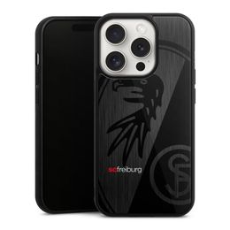 DeinDesign iPhone 15 Pro Handy Gallery Case Handyh&uuml;lle 9H Geh&auml;rtetes Glas R&uuml;ckseite H&uuml;lle Sc Freiburg Metallic Look Official Licensed Product Gallery Case