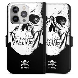 DeinDesign iPhone 14 Pro Handy Klapph&uuml;lle Handyh&uuml;lle aus Kunst Leder schwarz Flip Case Totenkopf Fc St. Pauli Official Licensed Product Sideflip mit langer 