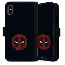 DeinDesign iPhone X Handy Klapph&uuml;lle Handyh&uuml;lle aus Kunst Leder schwarz Flip Case Logo Marvel Deadpool Sideflip mit langer Lasche