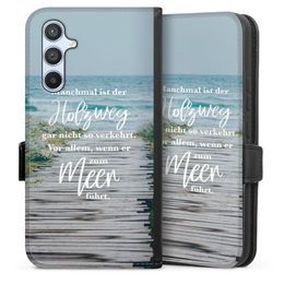 DeinDesign Galaxy A54 5G Handy Klapph&uuml;lle Handyh&uuml;lle aus Kunst Leder schwarz Flip Case Statement Beach Spruch Sideflip mit Lasche