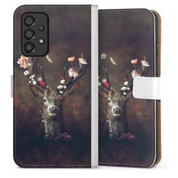 DeinDesign Galaxy A33 5G Handy Klapph&uuml;lle Handyh&uuml;lle aus Kunst Leder wei&szlig; Flip Case Rehe Reindeer Flowers Sideflip mit Lasche
