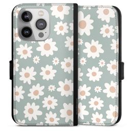 DeinDesign iPhone 14 Pro Handy Klapph&uuml;lle Handyh&uuml;lle aus Kunst Leder schwarz Flip Case Daisy Muster Flowers Sideflip mit langer Lasche