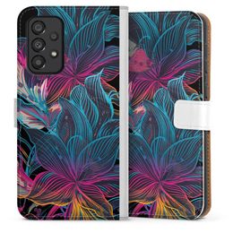DeinDesign Galaxy A33 5G Handy Klapph&uuml;lle Handyh&uuml;lle aus Kunst Leder wei&szlig; Flip Case Colourful Neon Flowers Sideflip mit Lasche