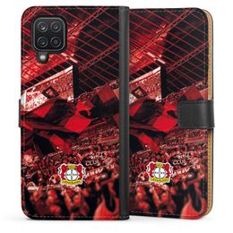 DeinDesign Galaxy A12 Handy Klapph&uuml;lle Handyh&uuml;lle aus Kunst Leder schwarz Flip Case Merchandise Bayer 04 Leverkusen Official Licensed Product Sideflip mit langer