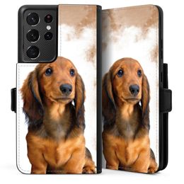 DeinDesign Galaxy S21 Ultra 5G Handy Klapph&uuml;lle Handyh&uuml;lle aus Kunst Leder schwarz Flip Case Pet Dachshund Dog Sideflip mit Lasche