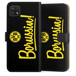 DeinDesign Galaxy A22 5G Handy Klapph&uuml;lle Handyh&uuml;lle aus Kunst Leder schwarz Flip Case Borussia Dortmund Bvb Soccer Sideflip mit langer Lasche