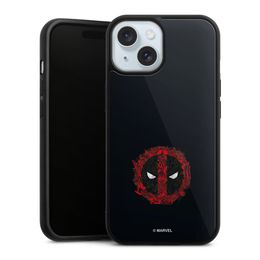 DeinDesign iPhone 15 Handy Gallery Case Handyh&uuml;lle 9H Geh&auml;rtetes Glas R&uuml;ckseite H&uuml;lle Logo Marvel Deadpool Gallery Case