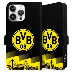 DeinDesign iPhone 14 Pro Max Handy Klapph&uuml;lle Handyh&uuml;lle aus Kunst Leder schwarz Flip Case Borussia Dortmund Stadium Bvb Sideflip mit Lasche