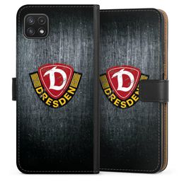 DeinDesign Galaxy A22 5G Handy Klapph&uuml;lle Handyh&uuml;lle aus Kunst Leder schwarz Flip Case Sgd Official Licensed Product Sg Dynamo Dresden Sideflip mit langer Lasche