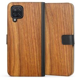 DeinDesign Galaxy A12 Handy Klapph&uuml;lle Handyh&uuml;lle aus Kunst Leder schwarz Flip Case Larch Wooden Look Wood Sideflip mit langer Lasche
