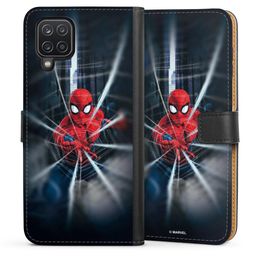 DeinDesign Galaxy A12 Handy Klapph&uuml;lle Handyh&uuml;lle aus Kunst Leder schwarz Flip Case Spiderman Marvel Kinofilm Sideflip mit langer Lasche