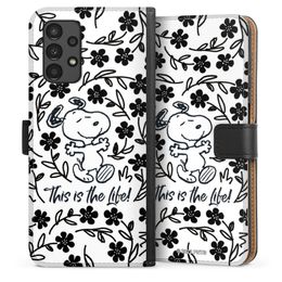 DeinDesign Galaxy A13 4G Handy Klapph&uuml;lle Handyh&uuml;lle aus Kunst Leder schwarz Flip Case Peanuts Flowers Snoopy Sideflip mit langer Lasche